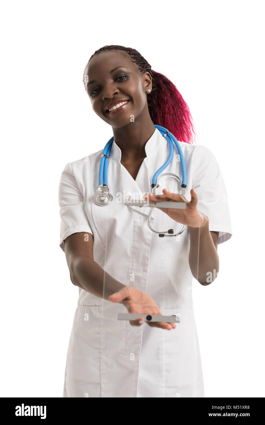 Portrait of african woman doctor holding futuristic tablet computer ...