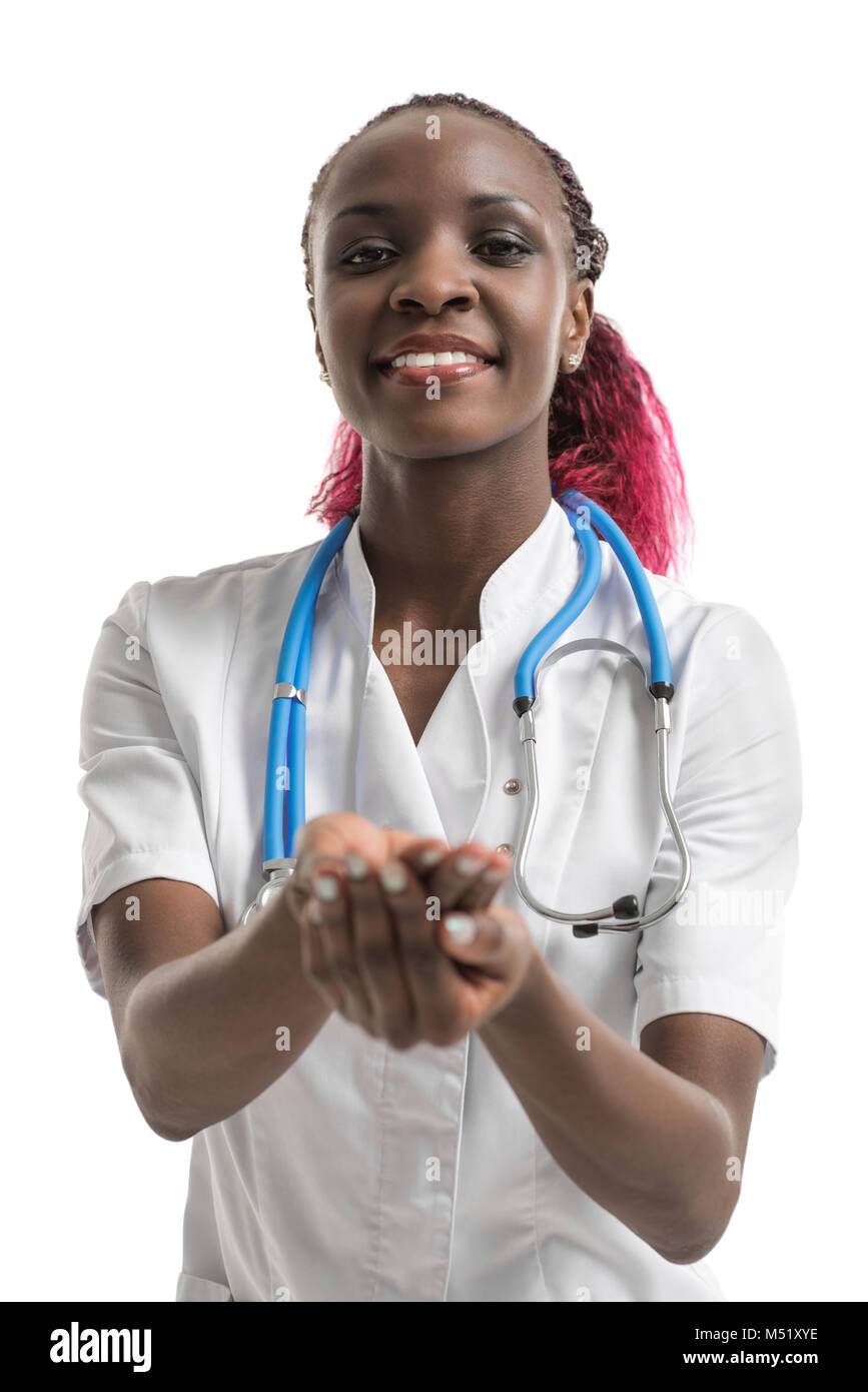 Female african doctor holding and sharing something in her hand Stock ...