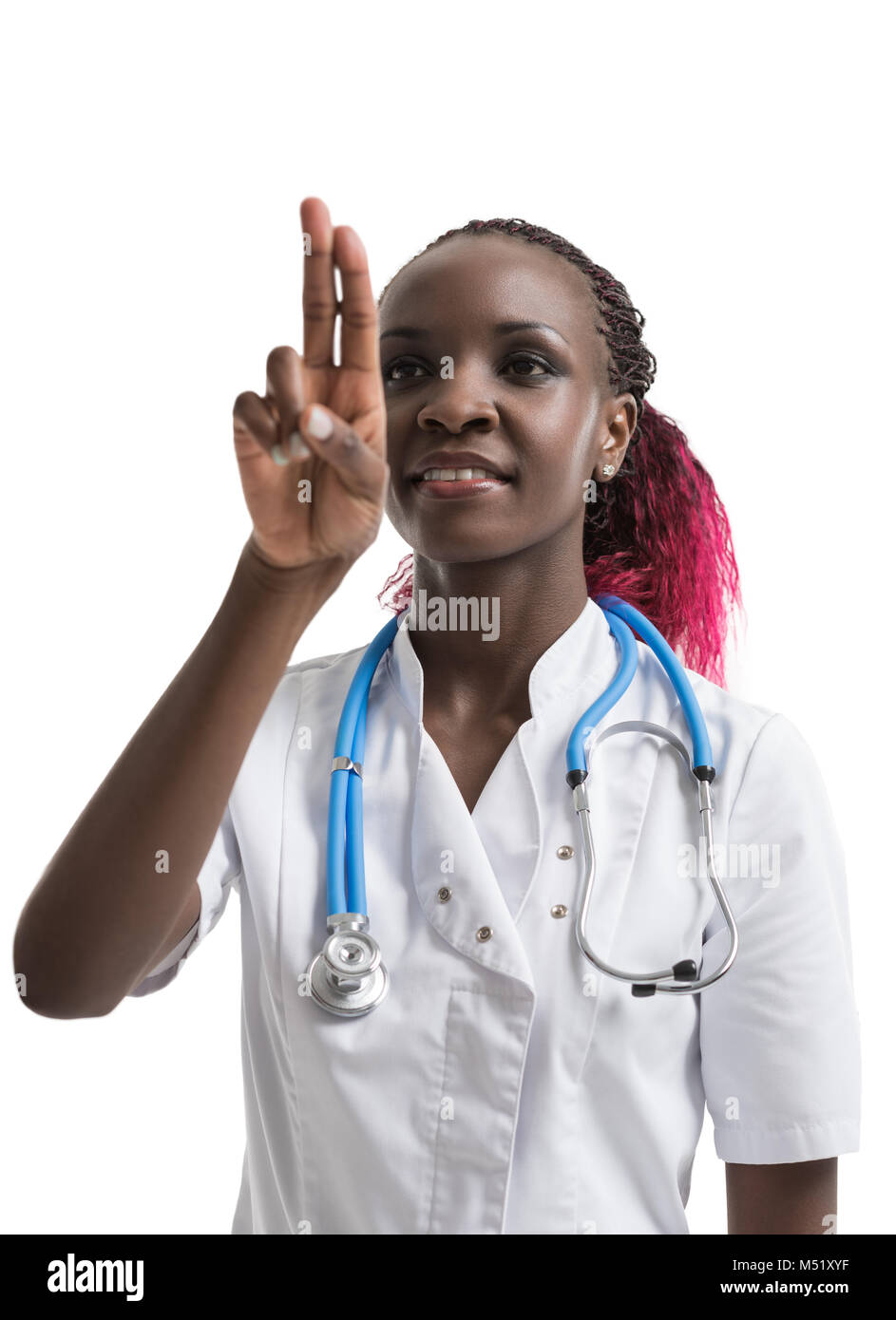 Female african doctor with stethoscope working with virtual screen ...