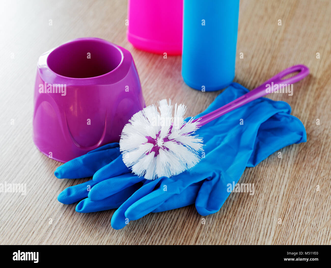 still life with a toilet brush and latex gloves Stock Photo - Alamy