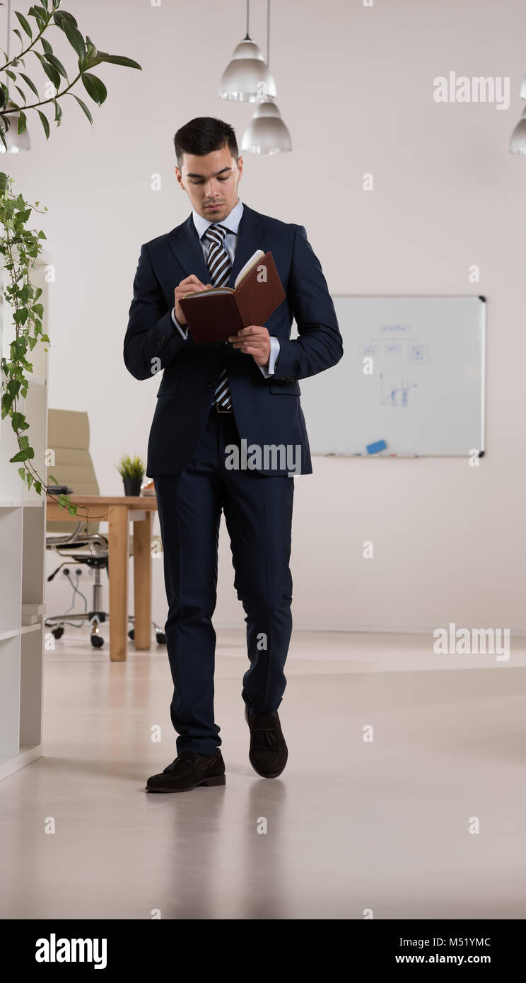 Portrait of a busy businessman taking notes and writing something in ...