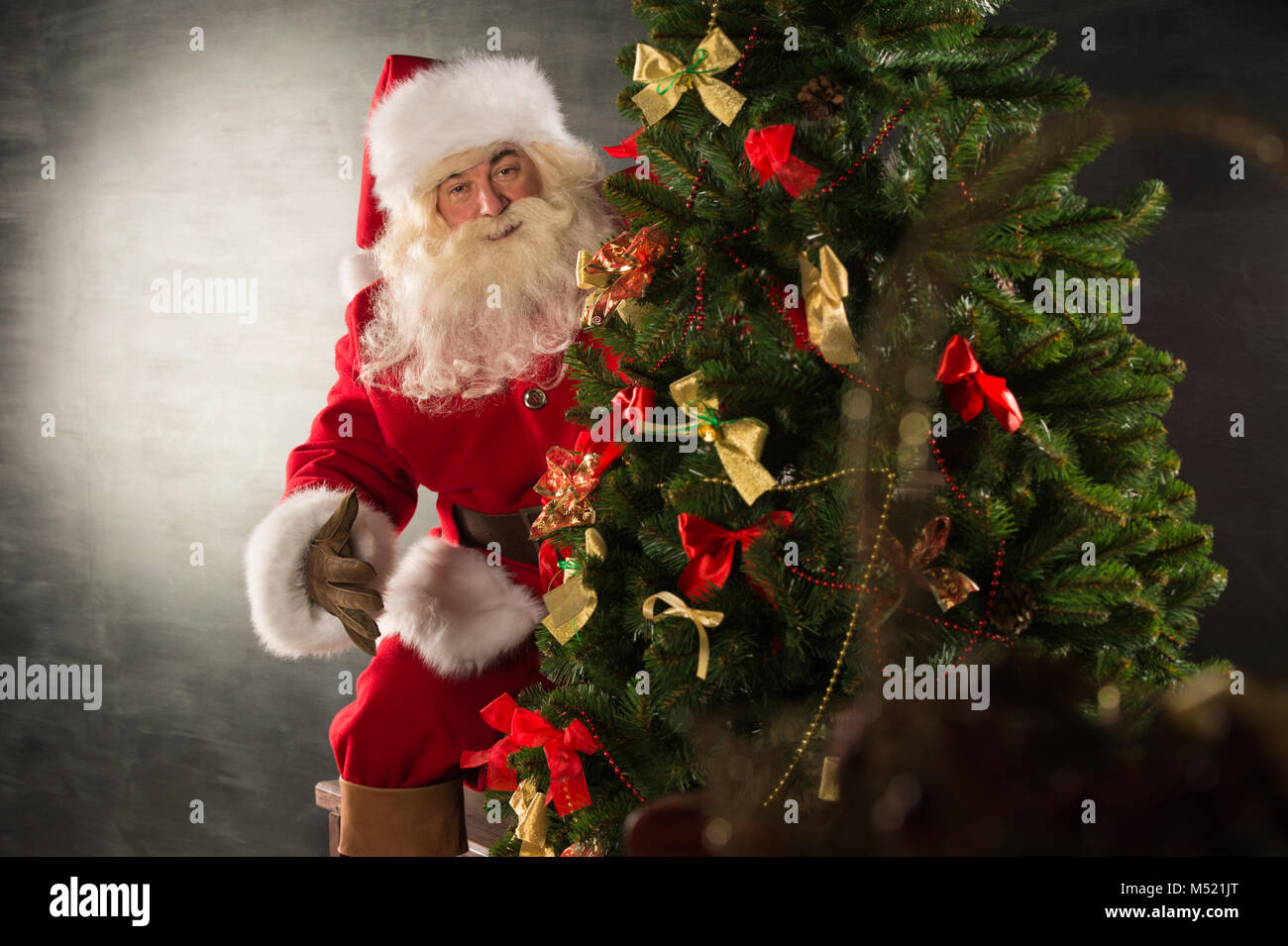Santa Claus standing near Christmas tree in dark room and looking at ...