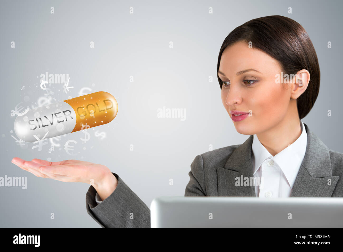 Investment concept. Pretty business woman with currency symbols Stock ...