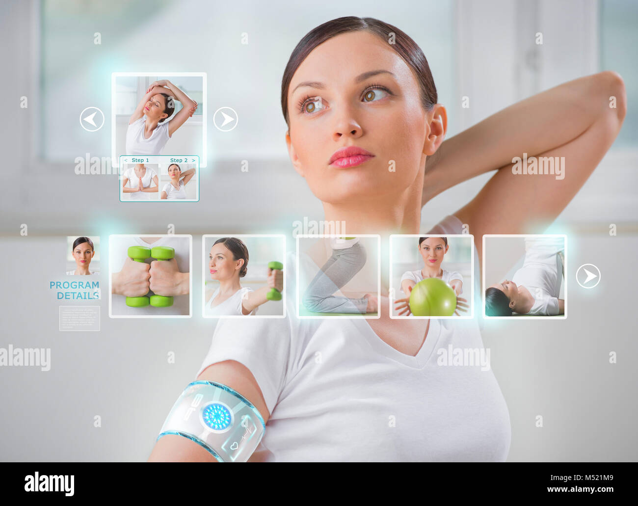 Woman doing exercise wearing smart wearable device with futuristic ...