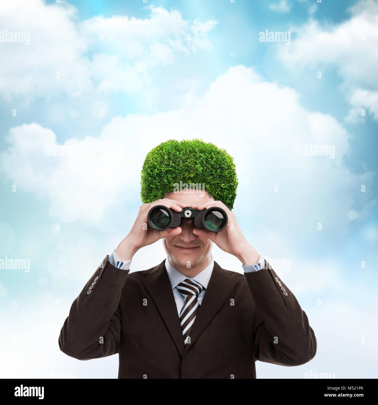 Man with greenery on his head. Loving nature and taking care of ecology ...