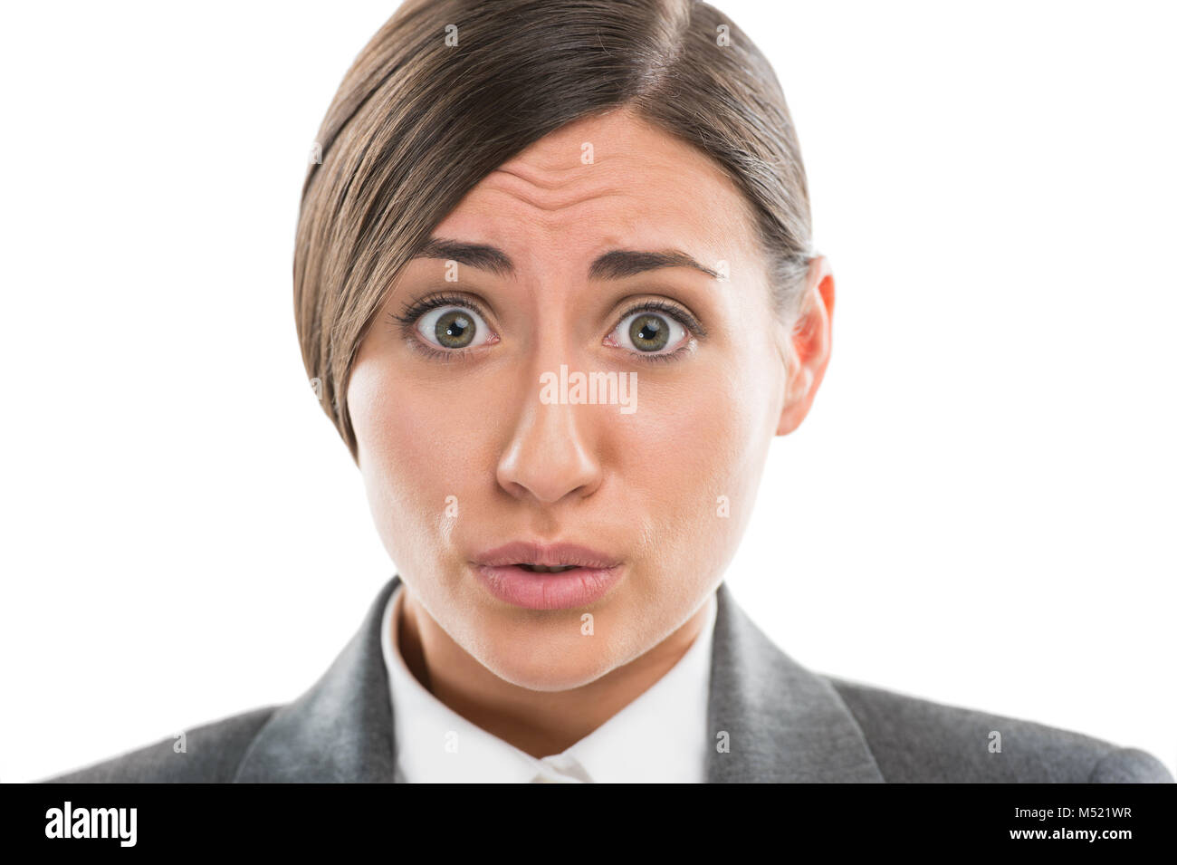 Portrait of shocked and confused business woman on white background ...