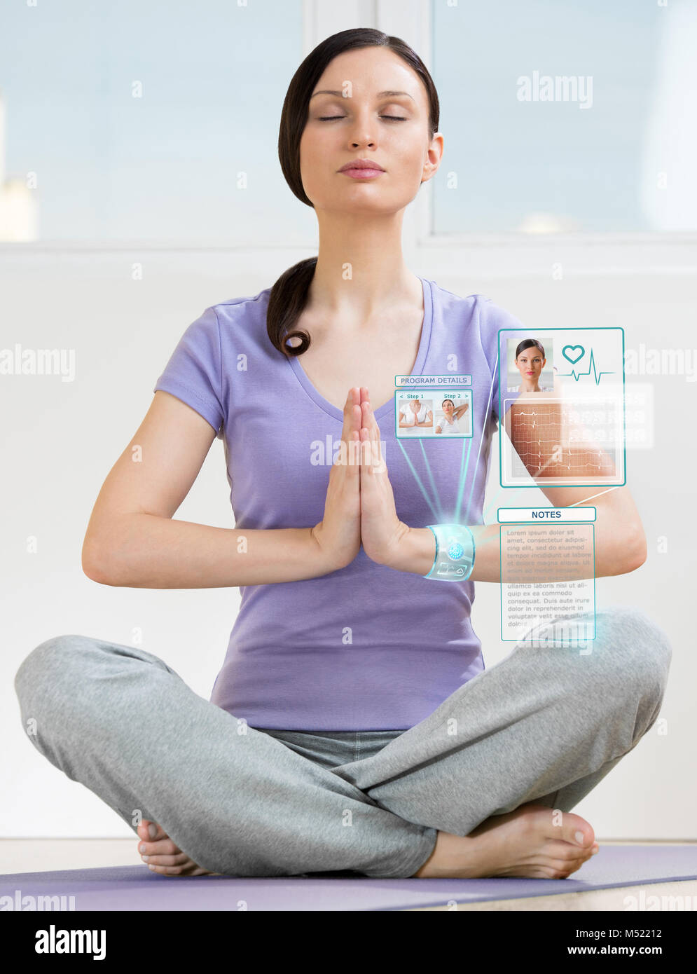 Woman doing exercise wearing smart wearable device with futuristic ...