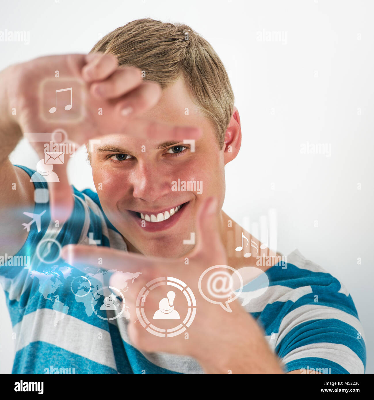 Social media concept. Young handsome man using virtual interface with ...