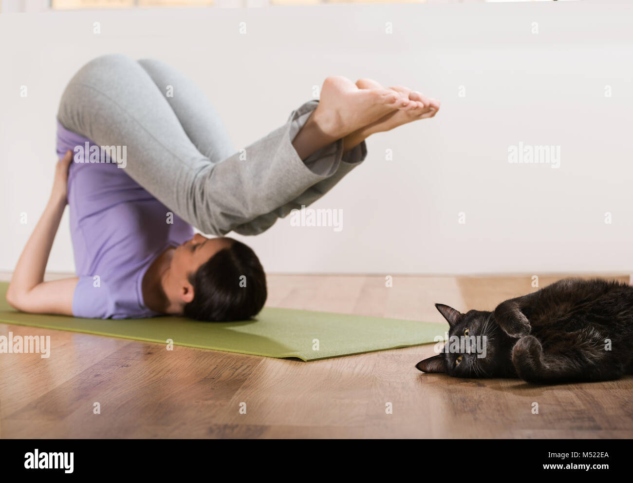 Woman in a traditional stretching yoga pose at home with her cat ...