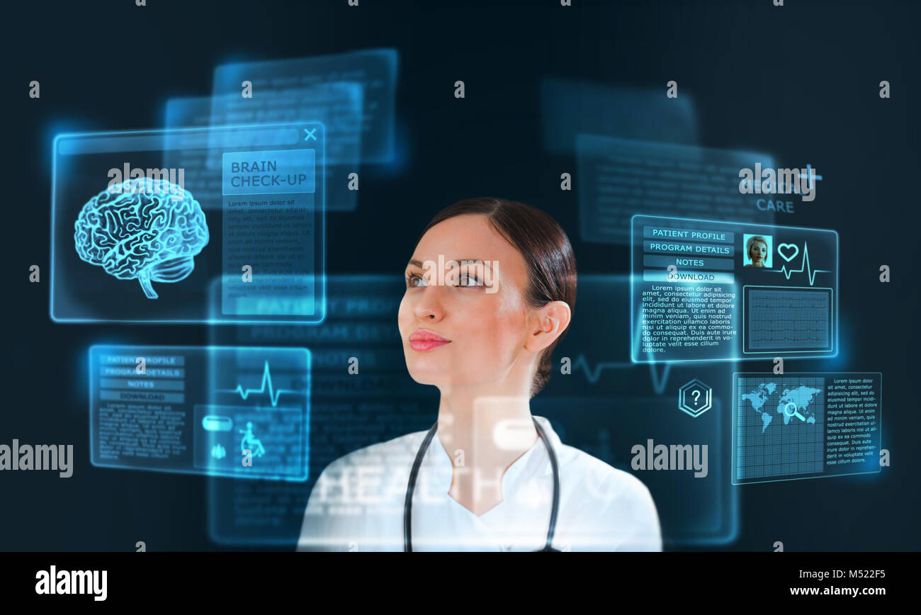 Female medicine doctor working with modern computer interface as ...