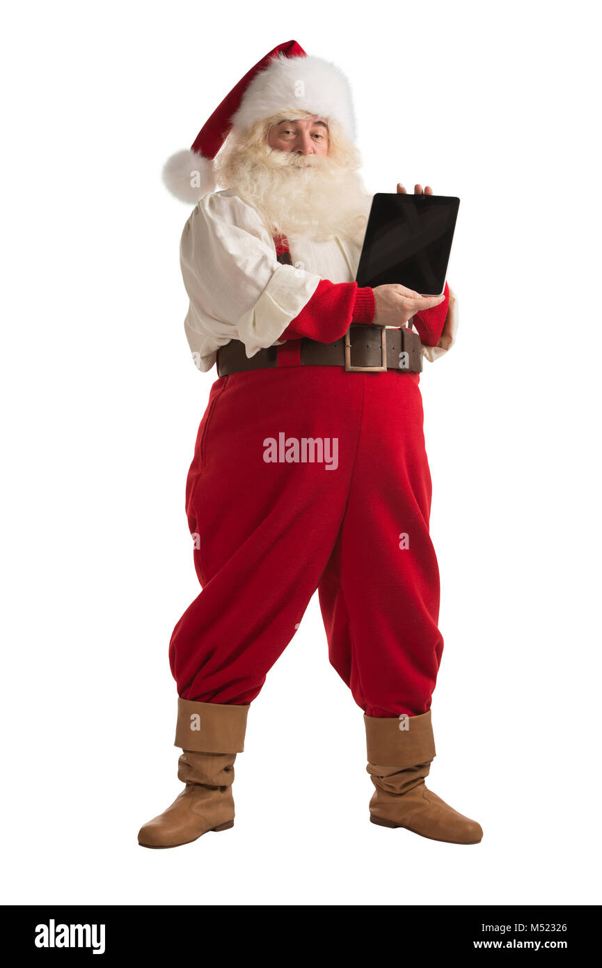Santa Claus showing tablet computer display isolated full length ...