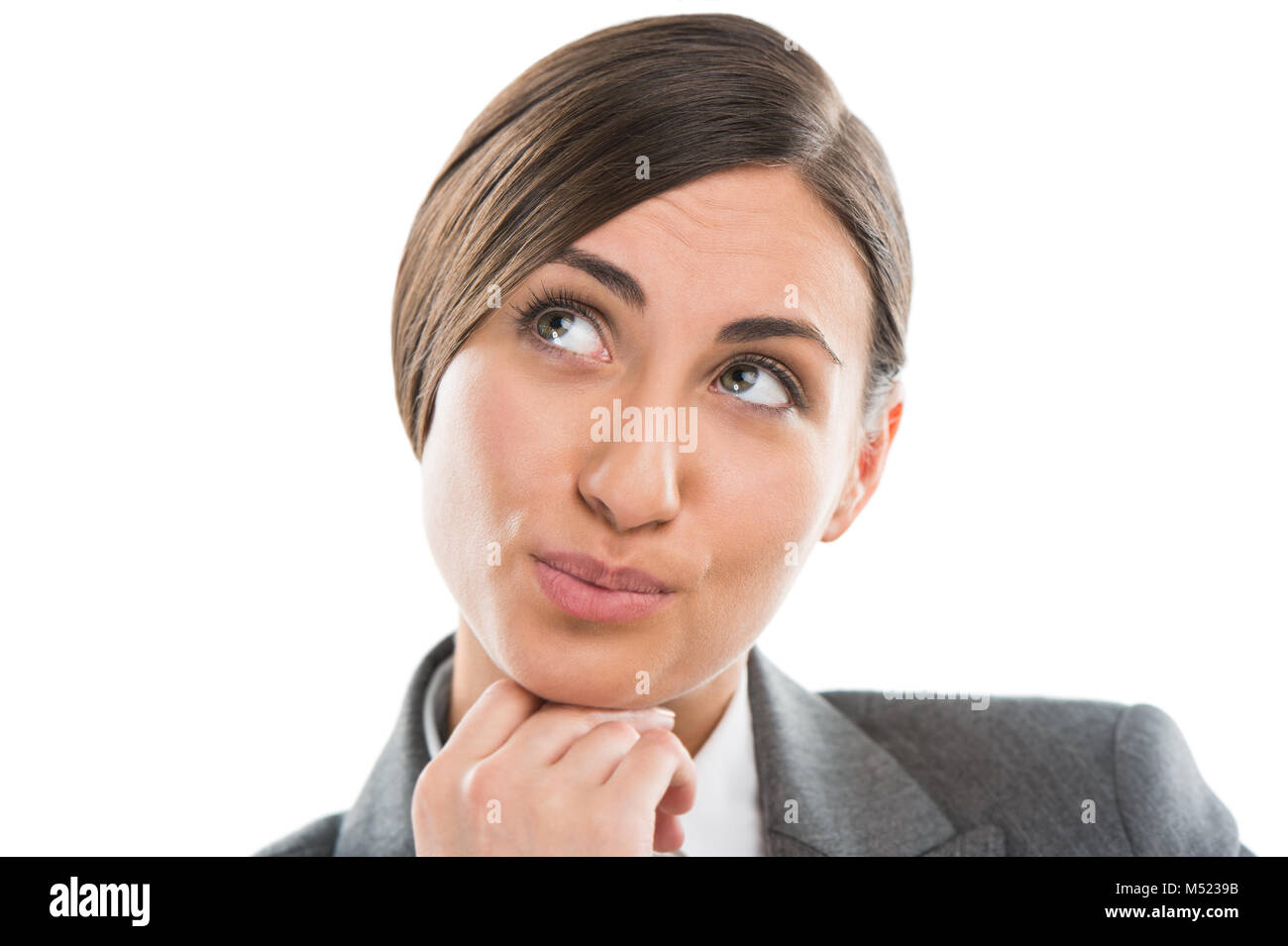 Closeup portrait of beautiful woman thinking while smiling over white ...