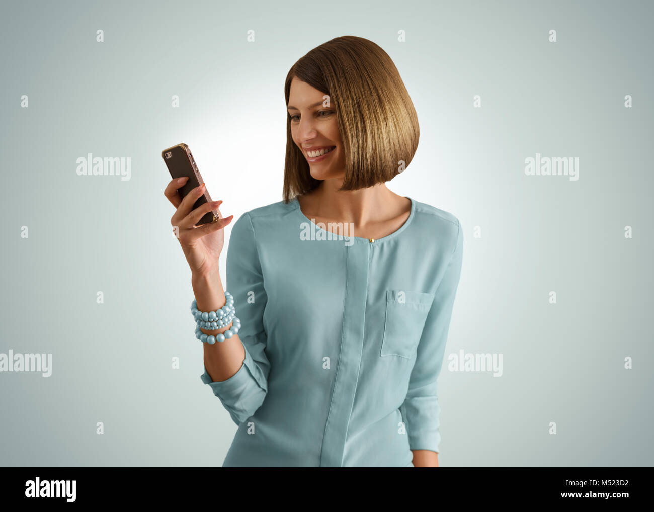 Smartphone woman using app on mobile smart phone smiling happy ...