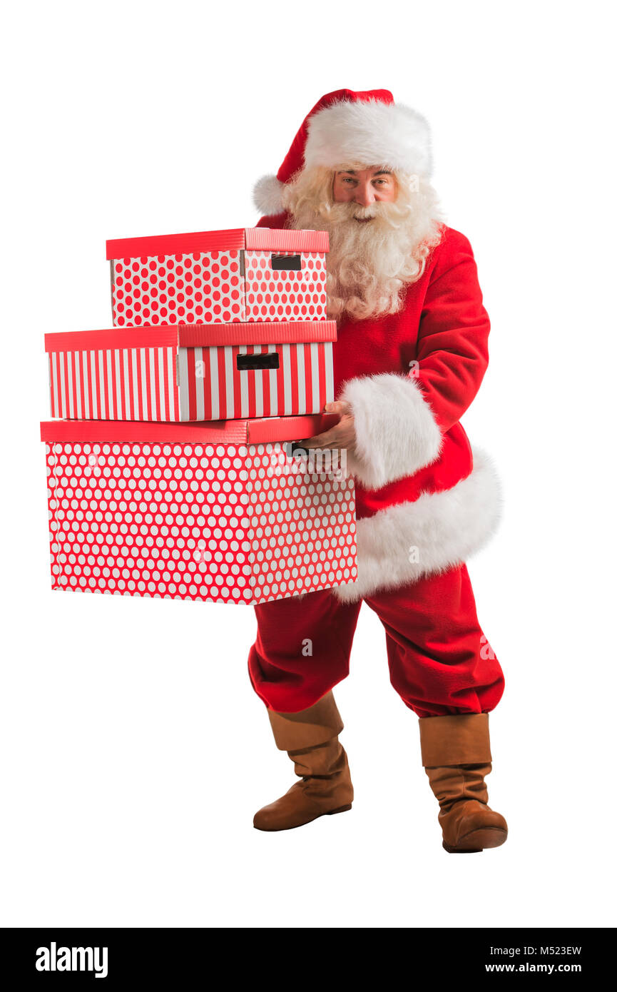 Santa Claus carrying stack of big Christmas giftboxes, isolated on ...
