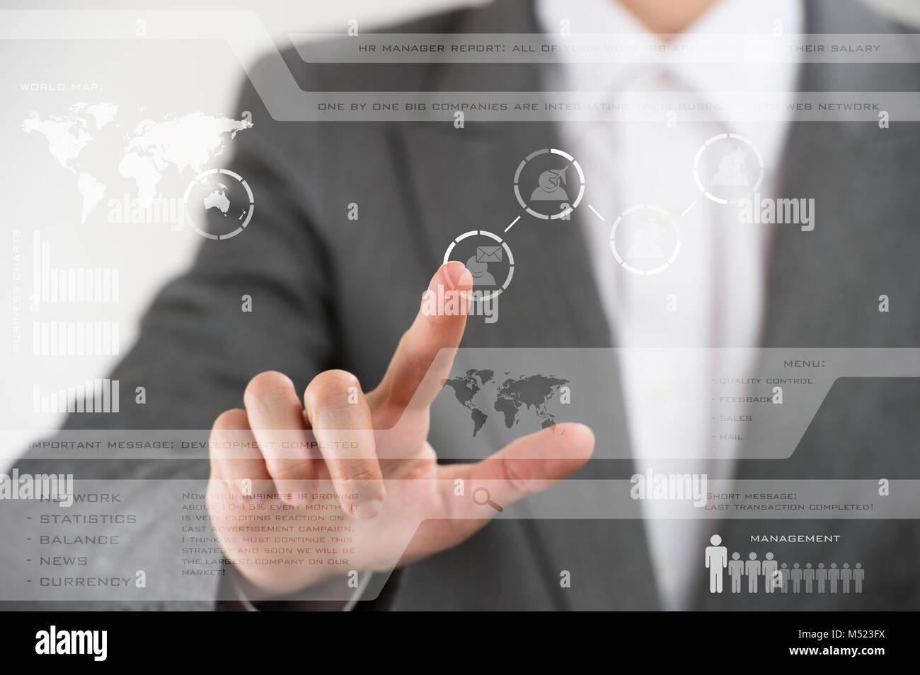 Businesswoman touching social network icons on virtual display Stock ...