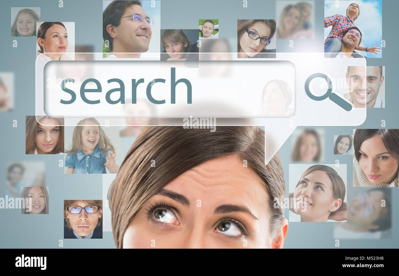 Technology, searching system and internet concept - woman looking for ...