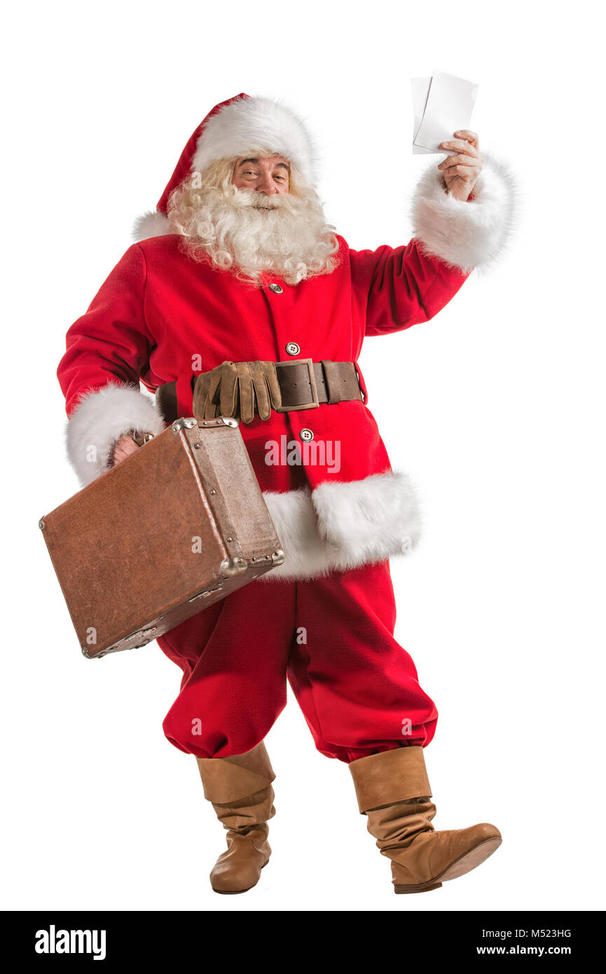 Santa Claus with old leather suitcase isolated on white background ...