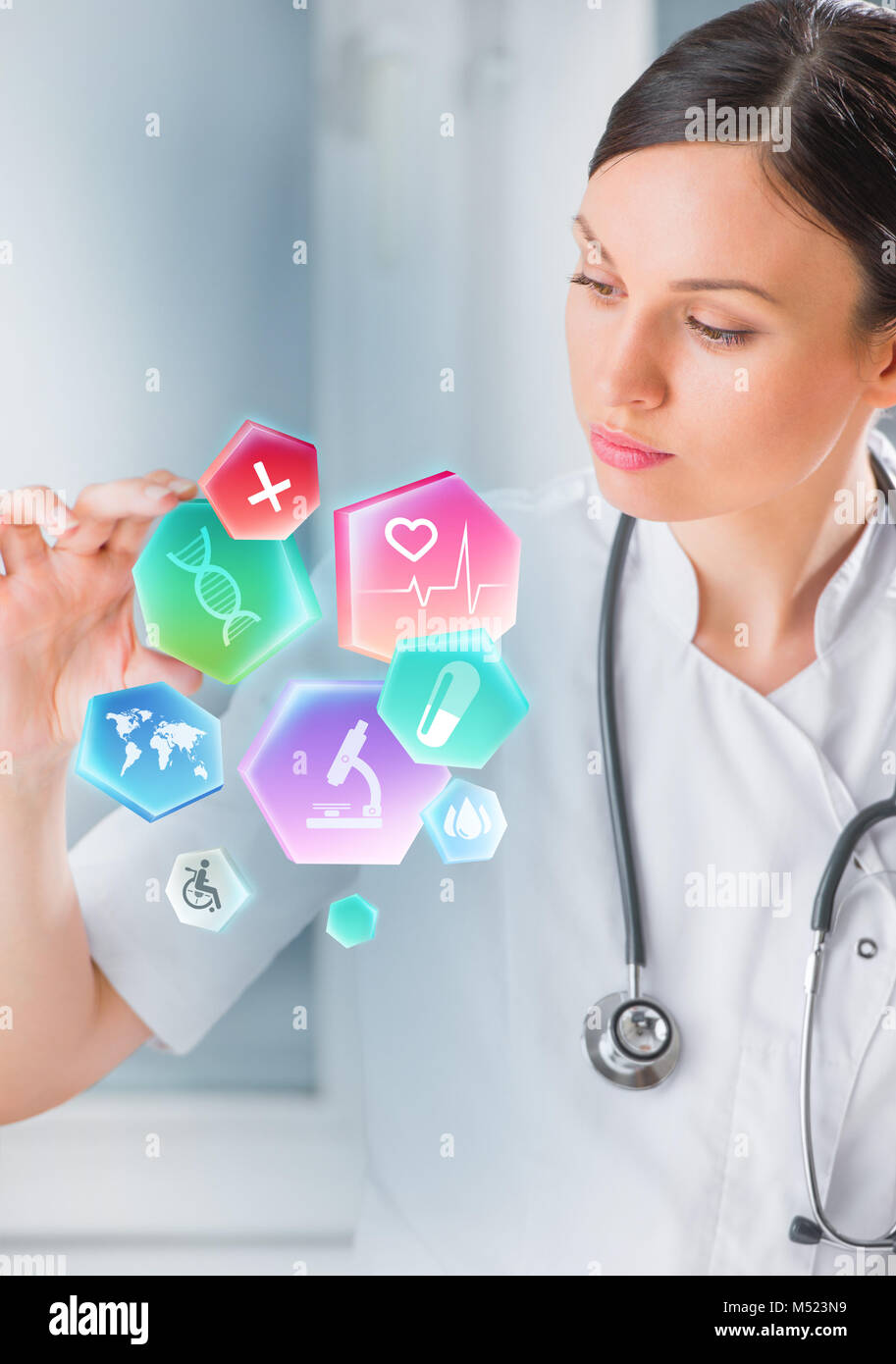 Female medical doctor working with healthcare icons. Modern medical ... Female medical doctor working with healthcare icons. Modern medical ...