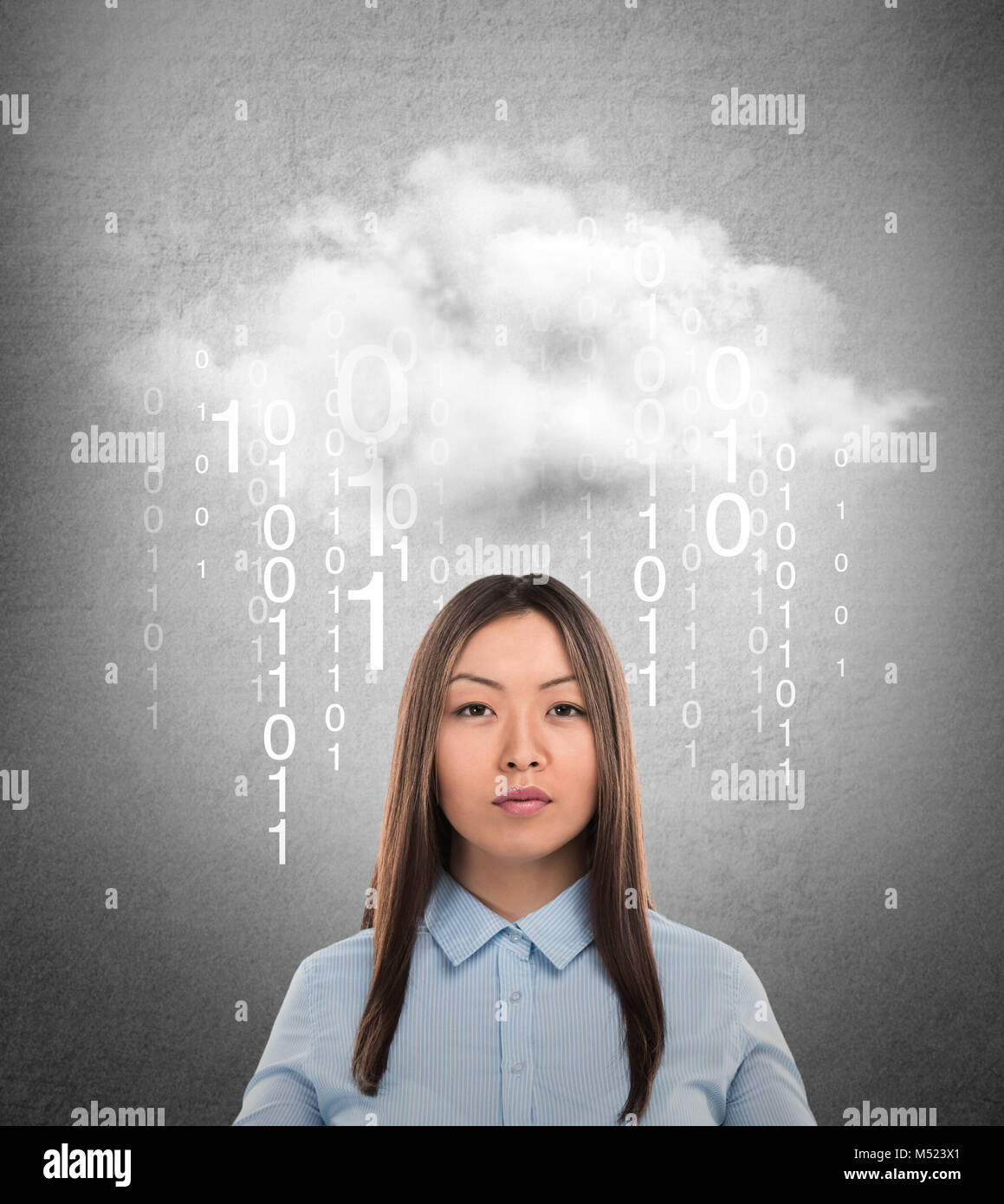 Young business woman or system administrator under cloud with digital ...