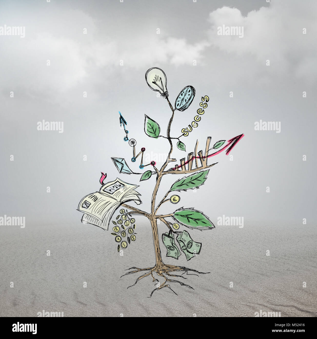 Concept of Growing company with sketch of a tree with business symbols ...
