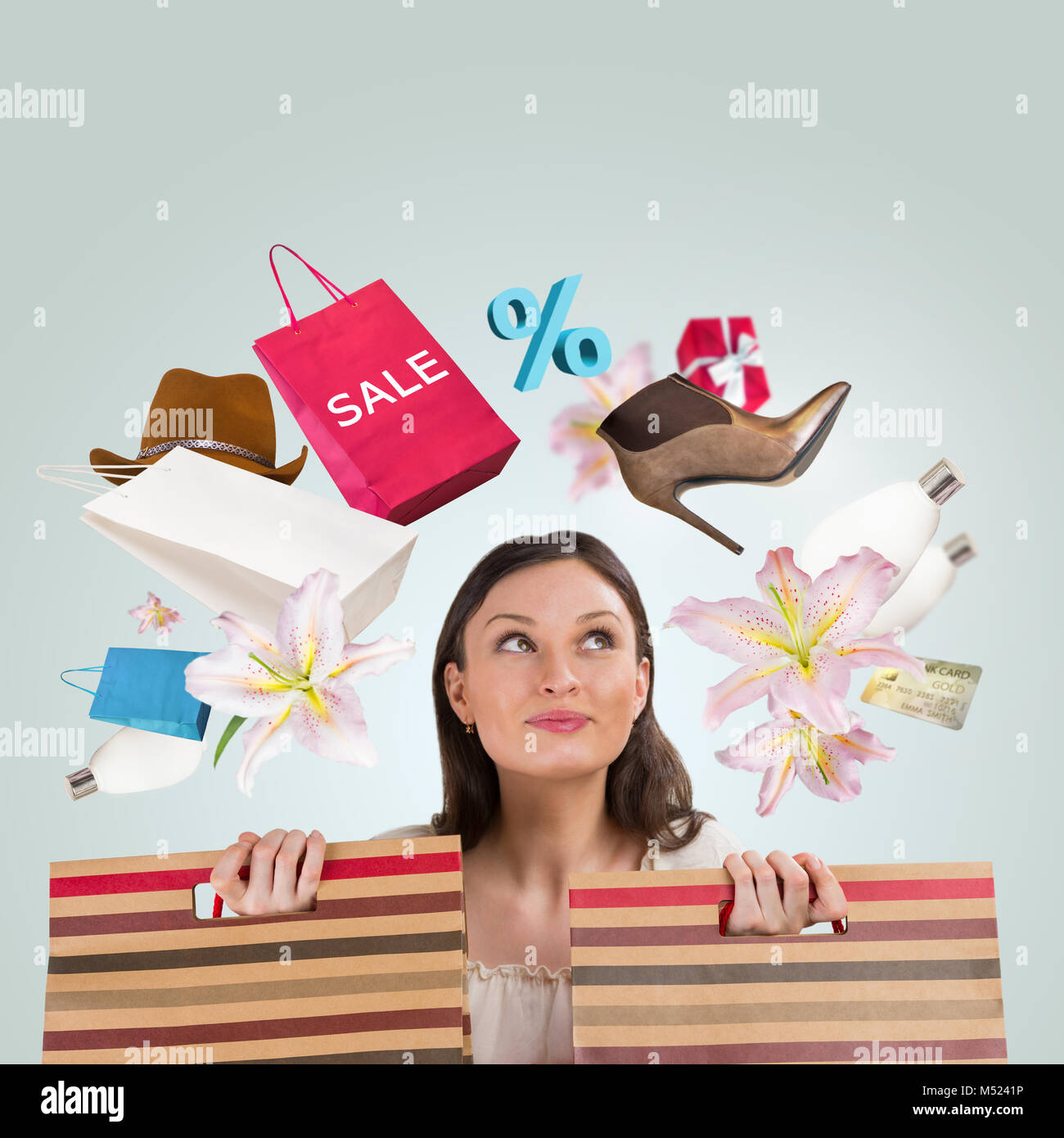Woman shopping concept. Collage with different shopping symbols around ...