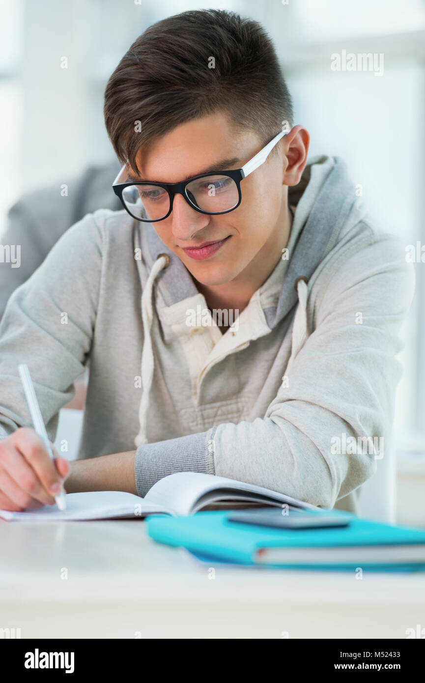High School students. Handsome male student making notes in classroom ...