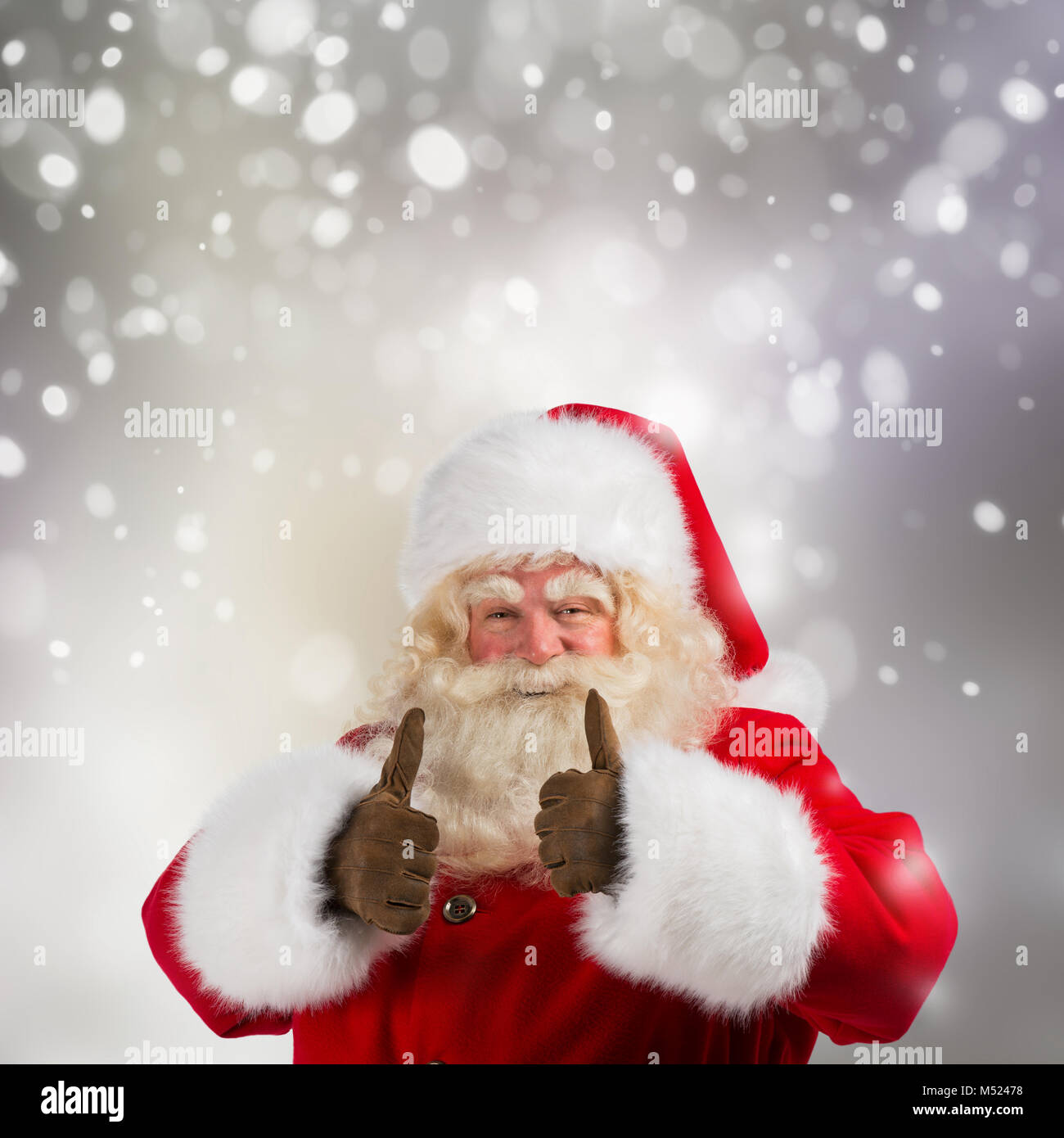 Authentic Santa Claus with real beard and great smiling giving thumb up ...