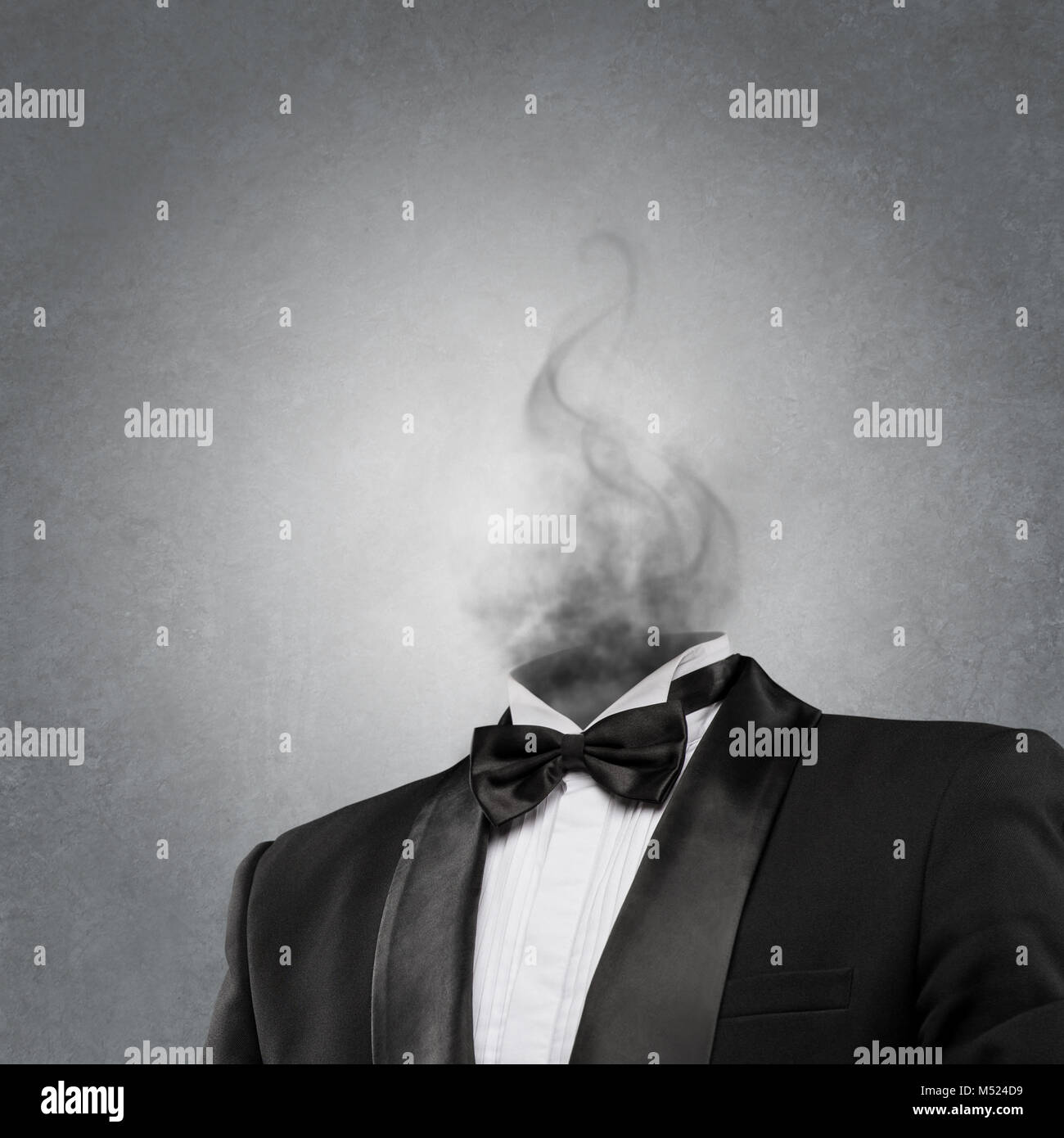 Overworked burnout business man standing headless with smoke instead of ...