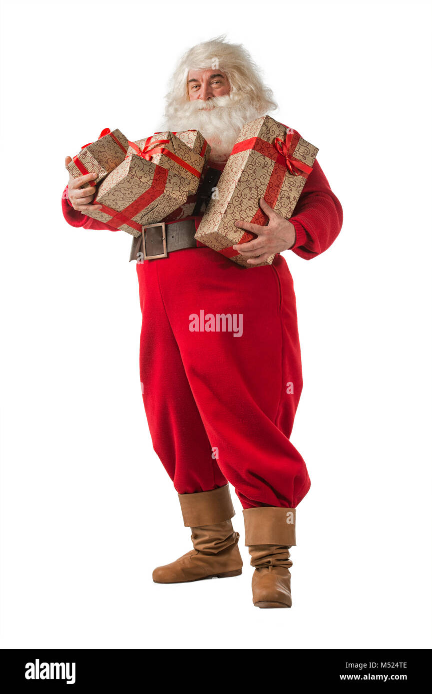 Santa Claus with gift boxes isolated on white background. Full length ...