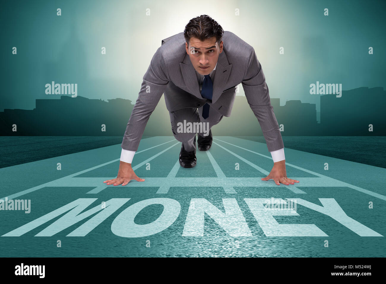 The businessman running towards money on track Stock Photo - Alamy