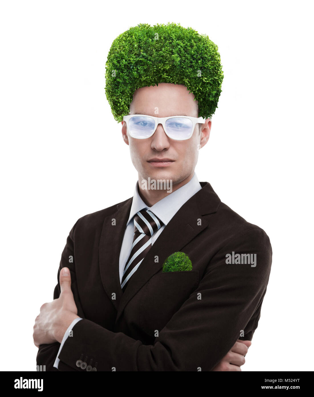 Man with greenery on his head. Loving nature and taking care of ecology ...