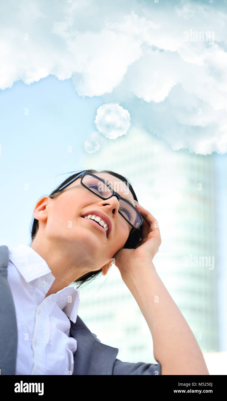 Closeup portrait of cute young business woman wearing glasses smiling ...