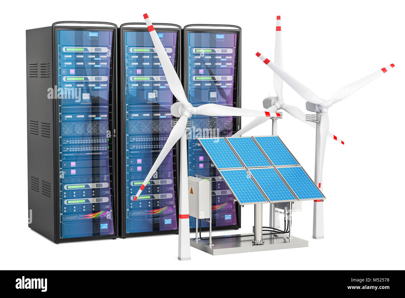 Computer server racks with solar panels and wind turbines, 3D rendering ...