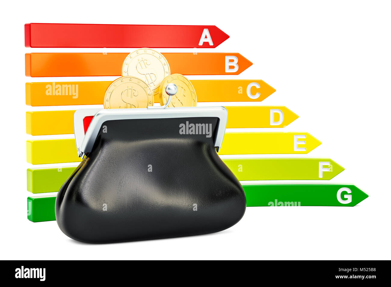 Energy efficiency chart with purse full of golden coins, 3D rendering ...