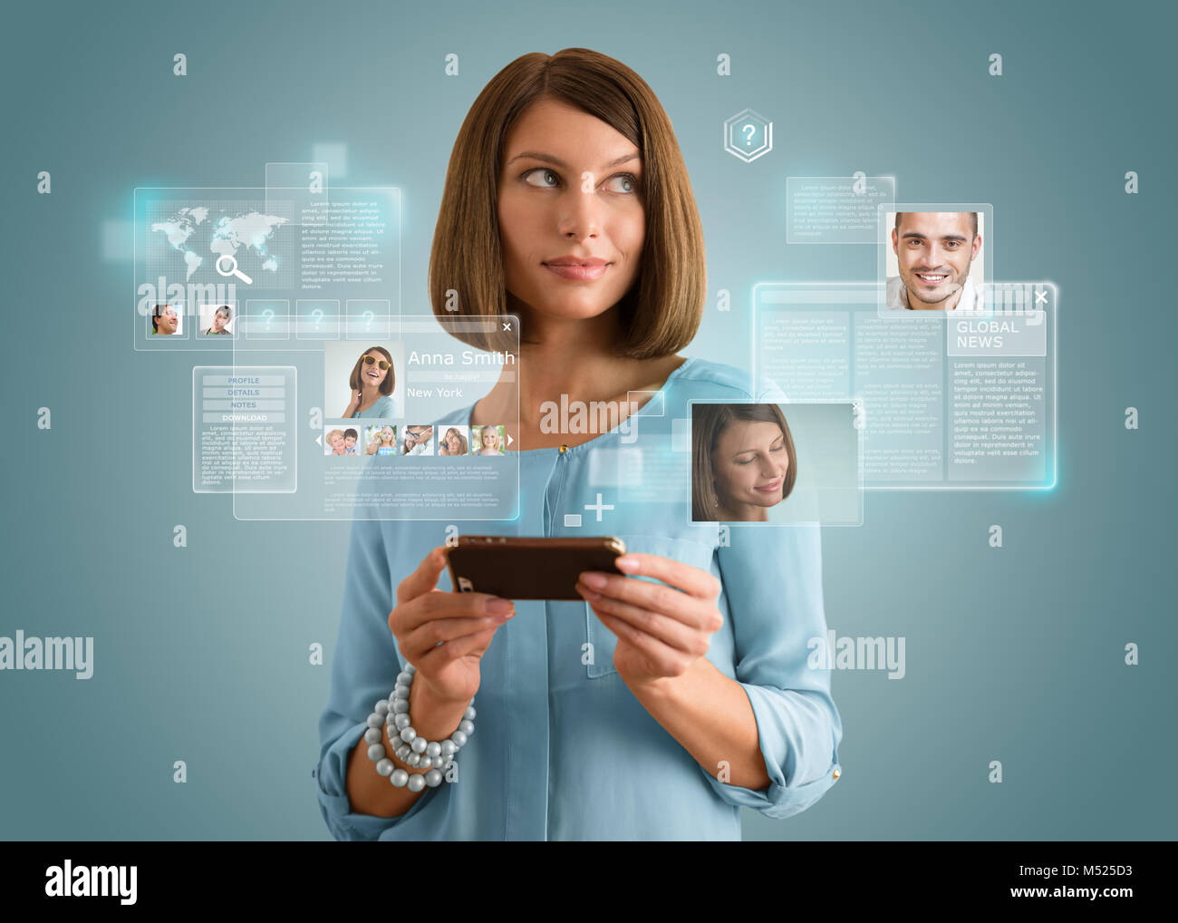 Pretty modern woman using her smartphone and virtual interface to ...