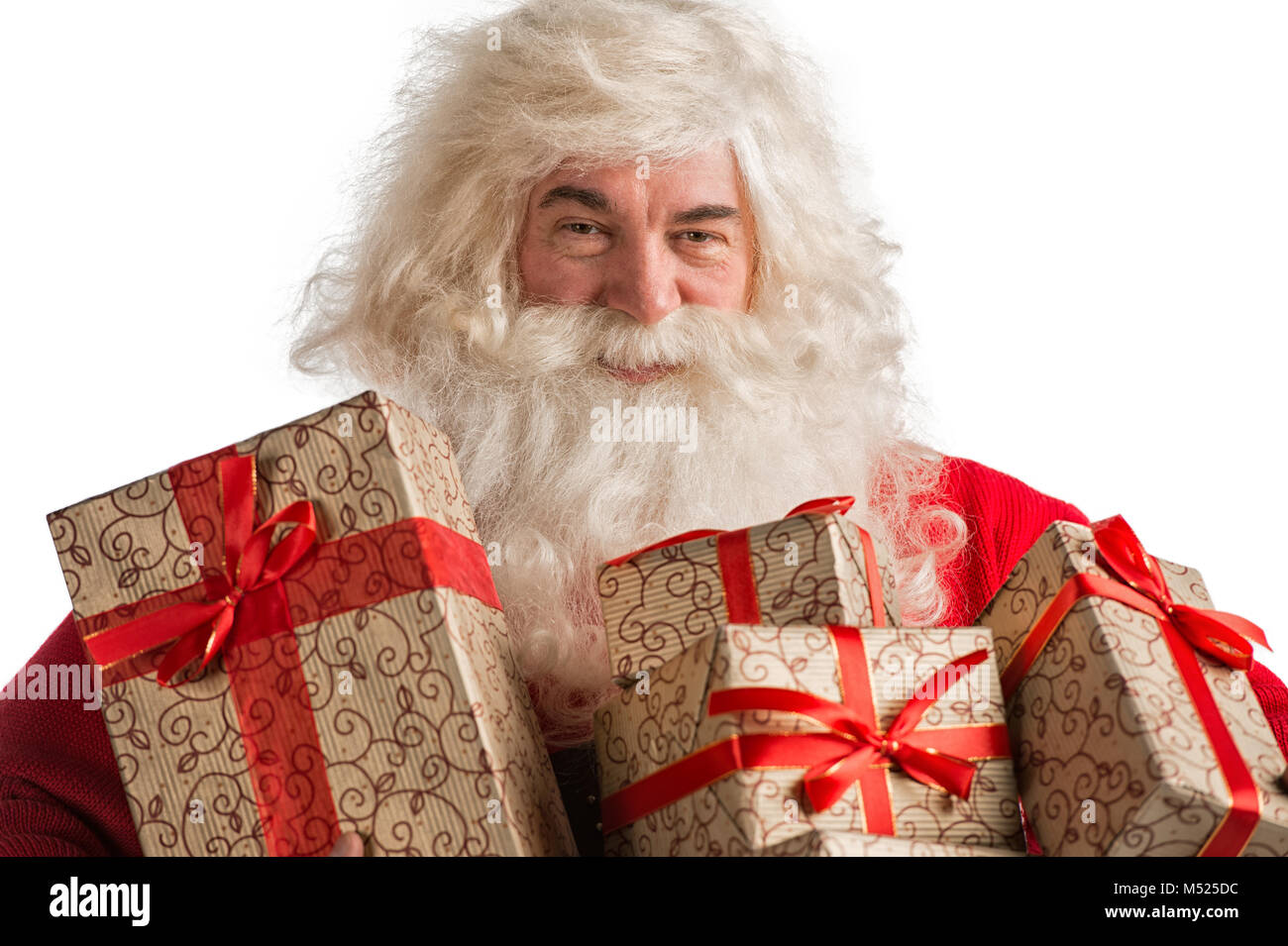 Santa Claus with gift boxes isolated on white background Stock Photo ...