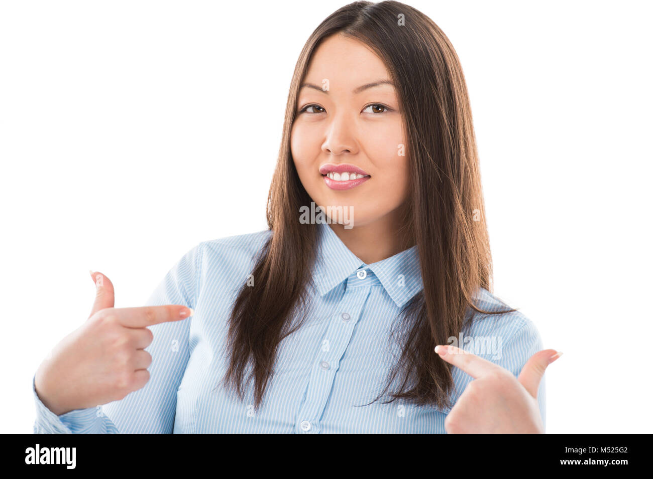 Portrait of attractive asian business woman making choose me sign ...