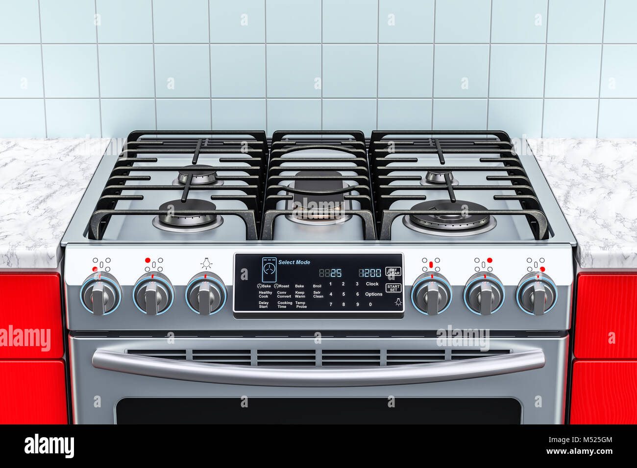 Steel gas cooker in kitchen interior. 3D rendering Stock Photo - Alamy