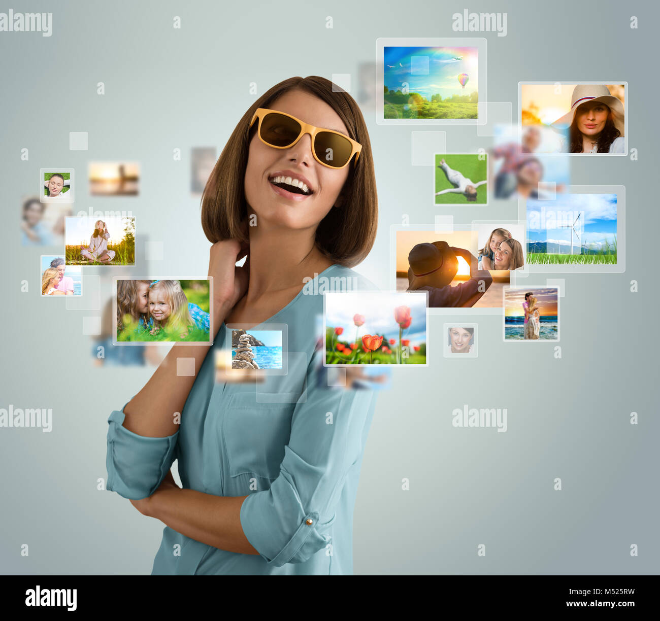 Portrait of young happy woman sharing her travel vacation photo and ...