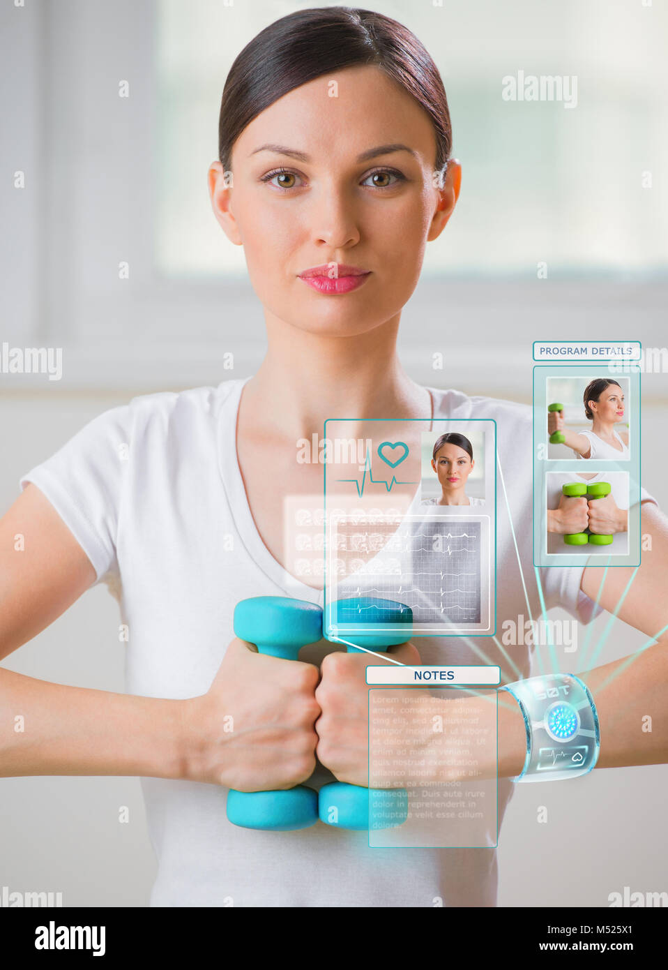 Woman doing exercise with dumbbells wearing smart wearable device with ...