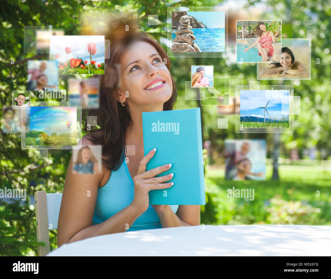 Portrait of young happy woman sharing her travel vacation photo and ...