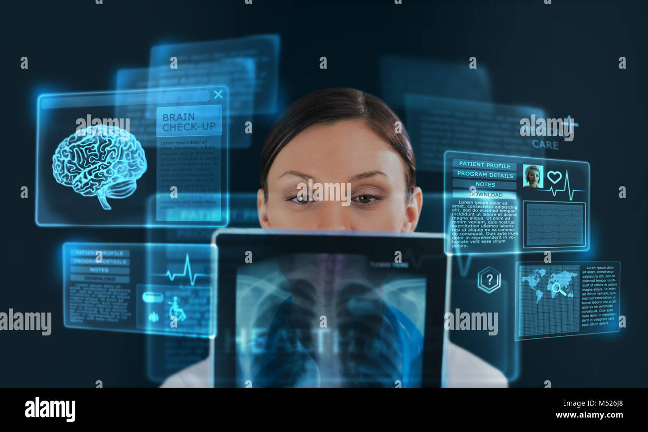 Female medicine doctor working with modern computer interface as ...