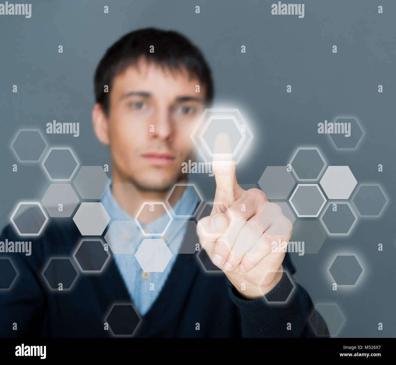 Business Man pressing digital button, futuristic technology Stock Photo ...