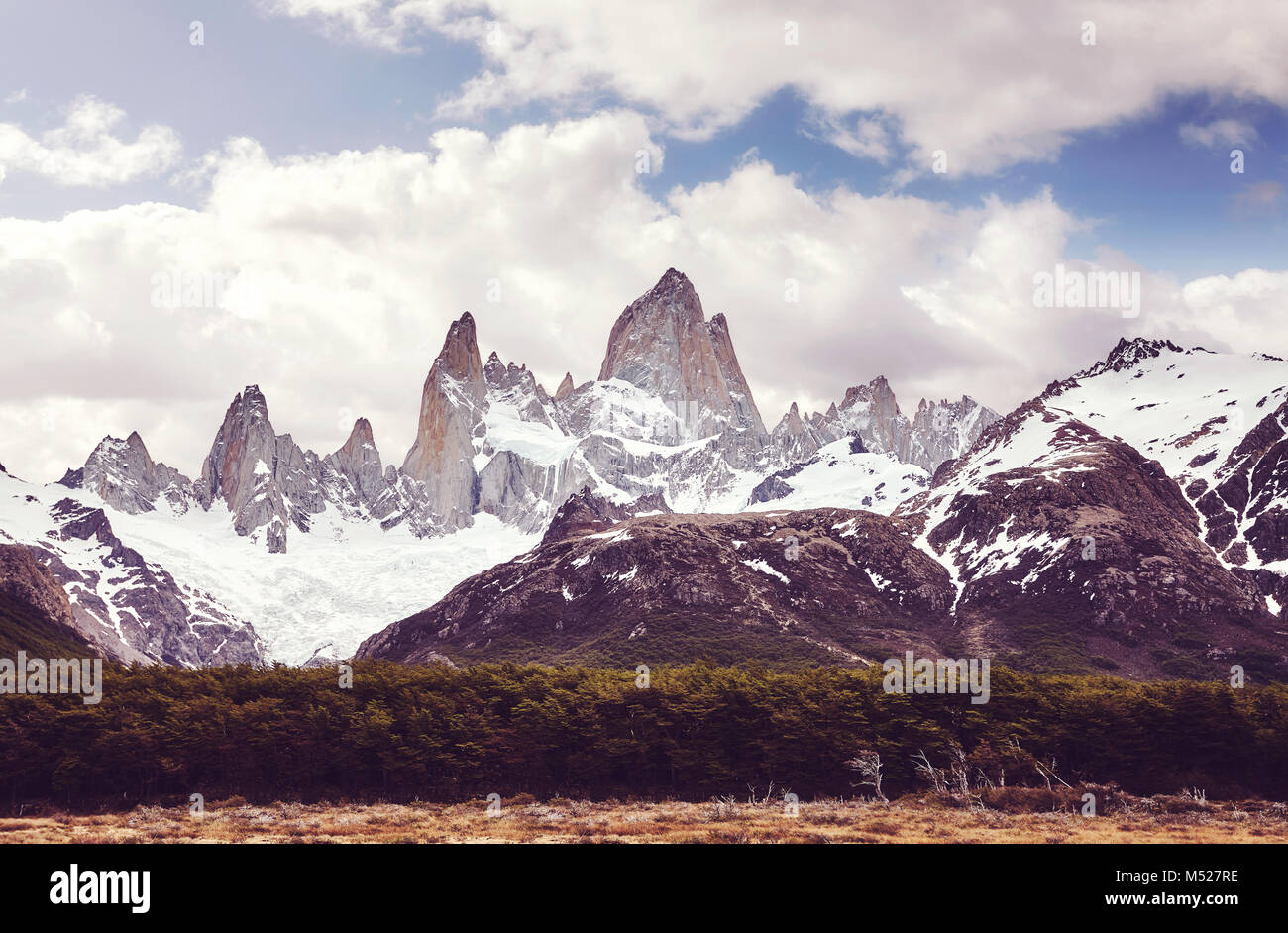 Fitz Roy Mountain Range wilderness, color toned picture, Argentina ...