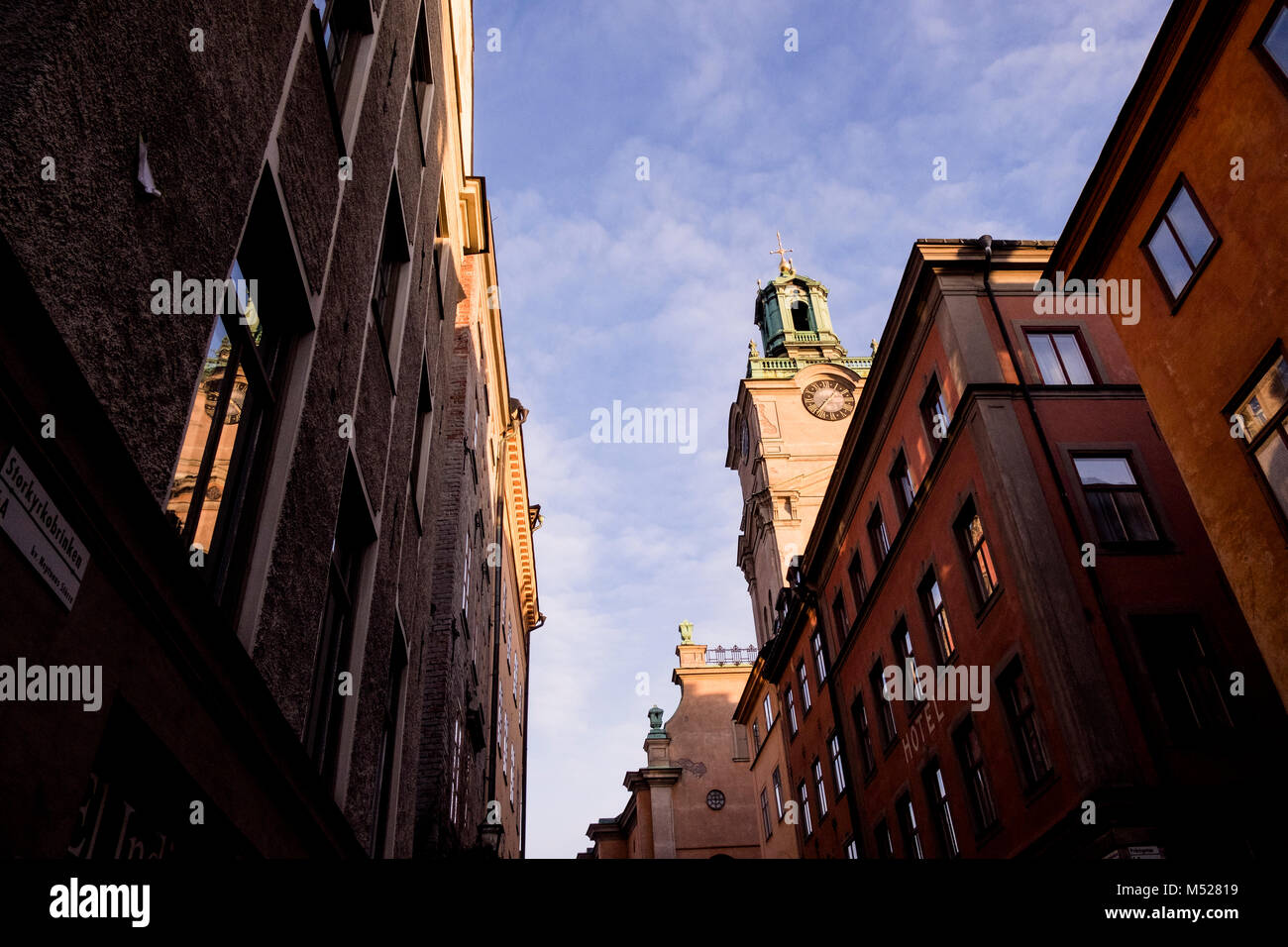 Street scene with townhouses and tower in Stockholm, Sweden Stock Photo ...