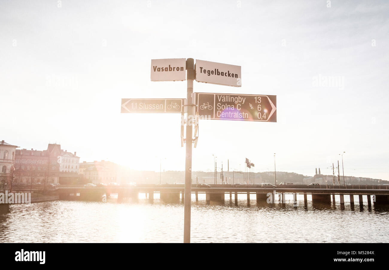 Street direction sign by river, Stockholm, Sweden Stock Photo - Alamy