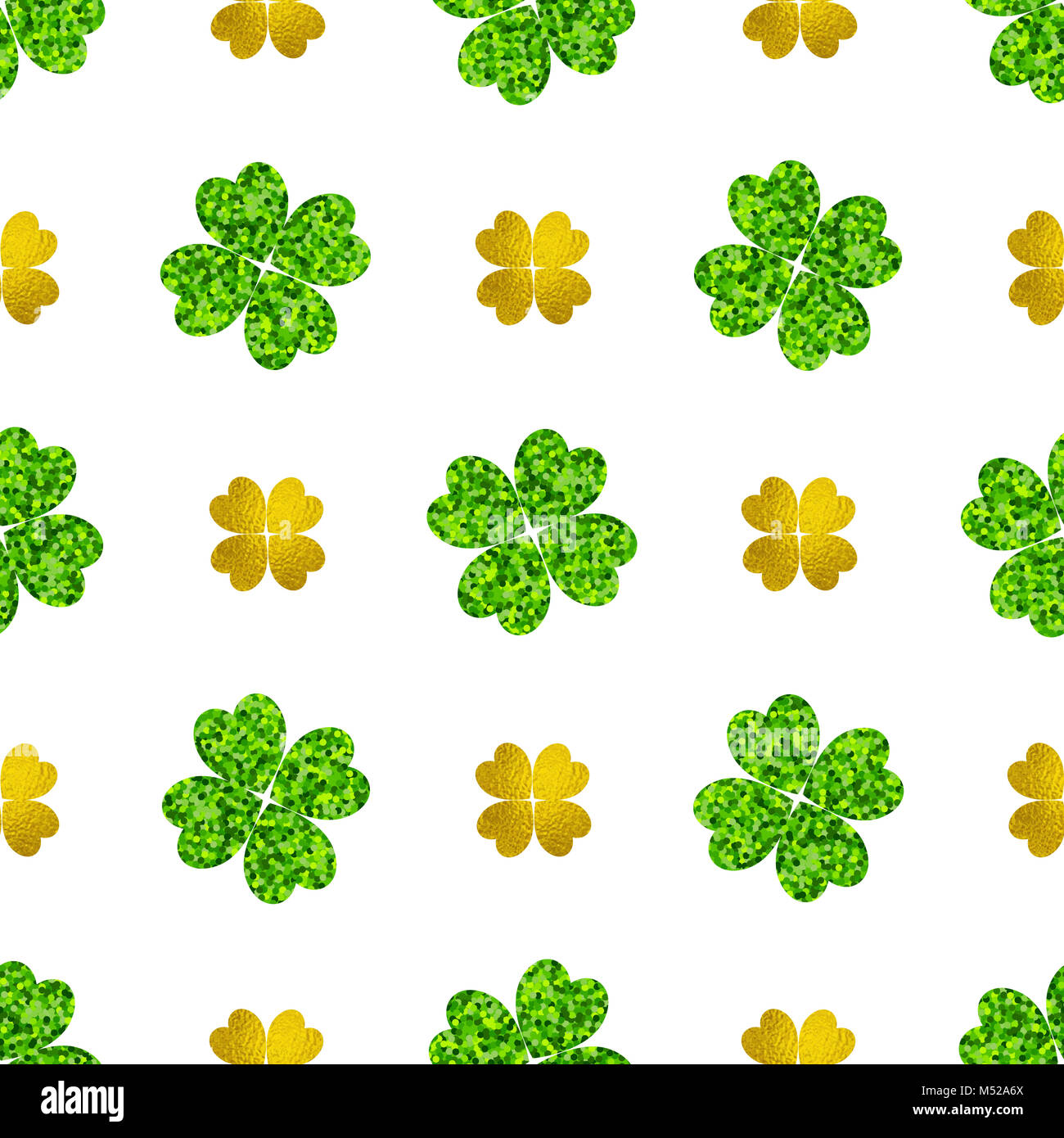 Decorative seamless pattern with green and golden clover leaves on a ...