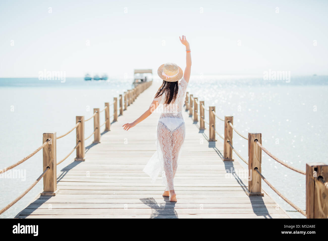 Back view of woman in bikini sunbathing on pier looking at the sea ...