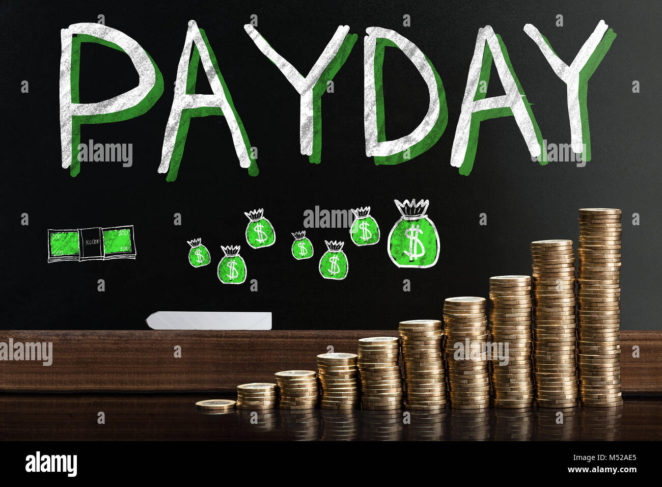 Payday Word On Blackboard Behind Stacked Coins Stock Photo - Alamy