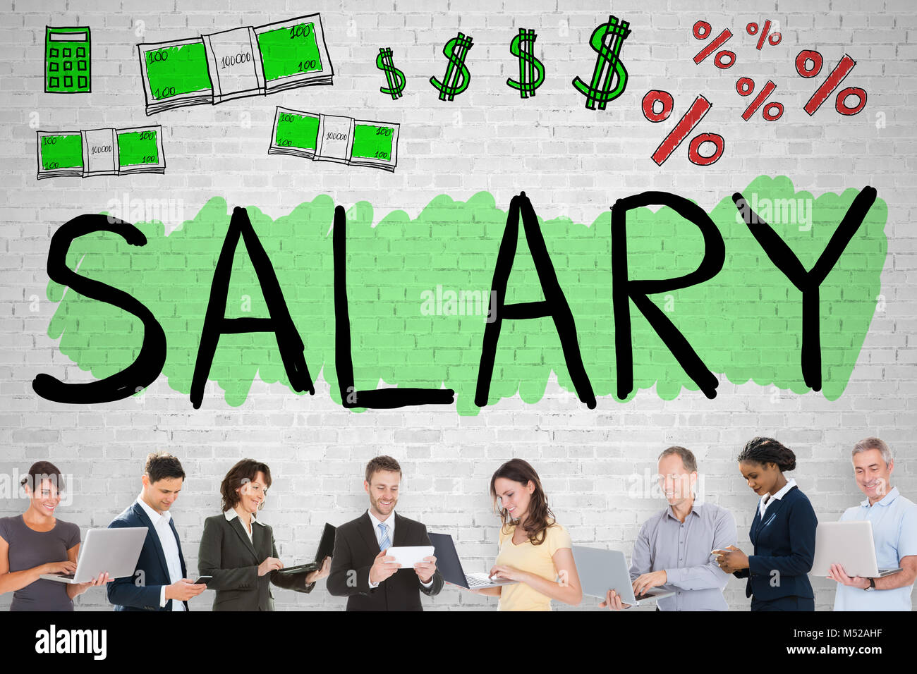 Group Of Diverse Workers In Front Of Salary Word Stock Photo - Alamy